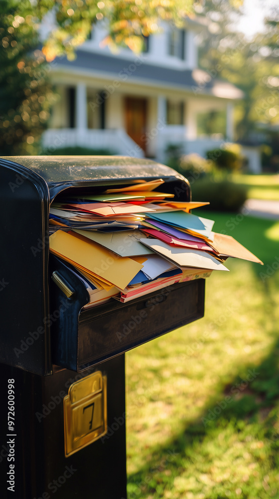 Mailbox overflowing with letters and packages, front yard of a house ...