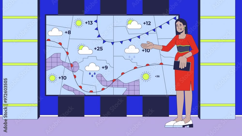 Weather channel on TV cartoon animation. Broadcasting program 4K video ...