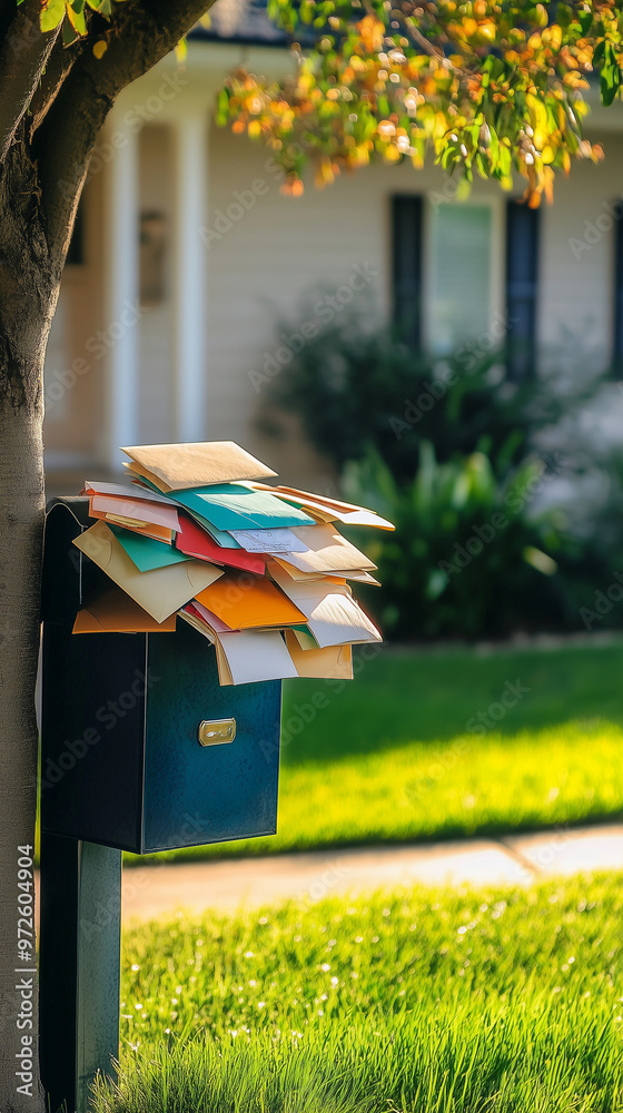 Mailbox overflowing with letters and packages, front yard of a house ...