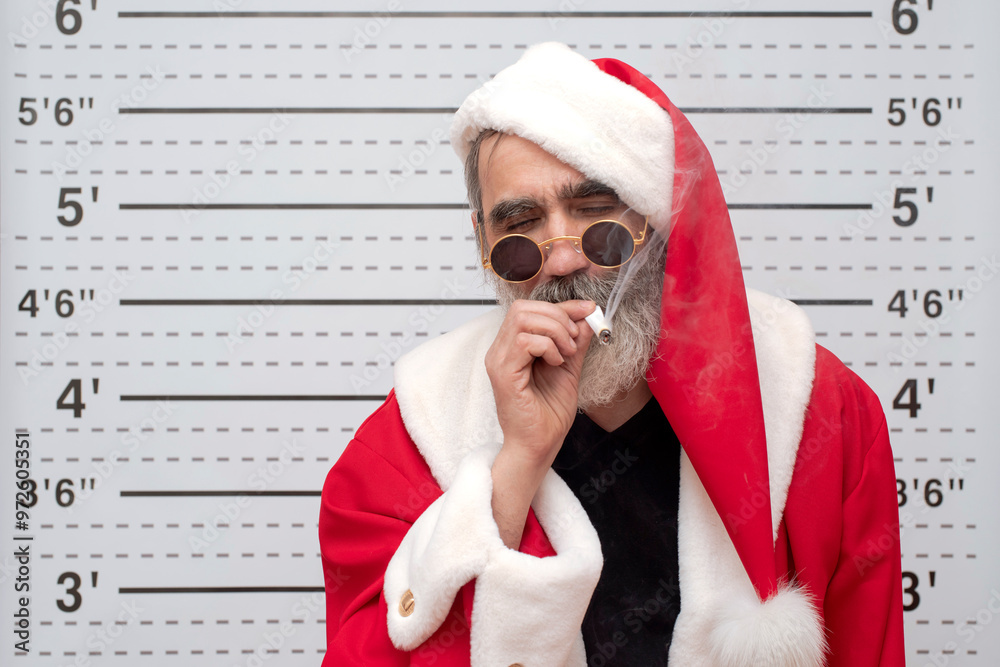 Bad Santa Claus smoking a hand-rolled cigarette, Police Mugshot Board ...