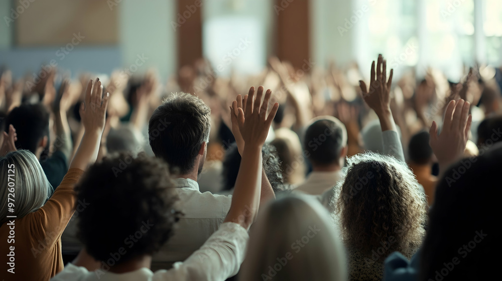 1. A diverse congregation of worshippers singing hymns in a modern ...