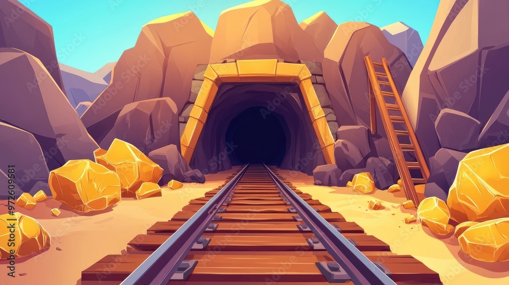 Cartoon Gold Mine Tunnel with Golden Rocks and Train Tracks, Designed ...