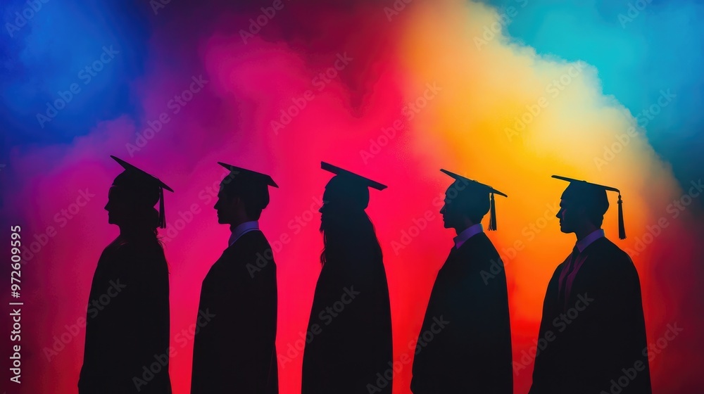 Four people in graduation caps and gowns, their dark silhouettes ...