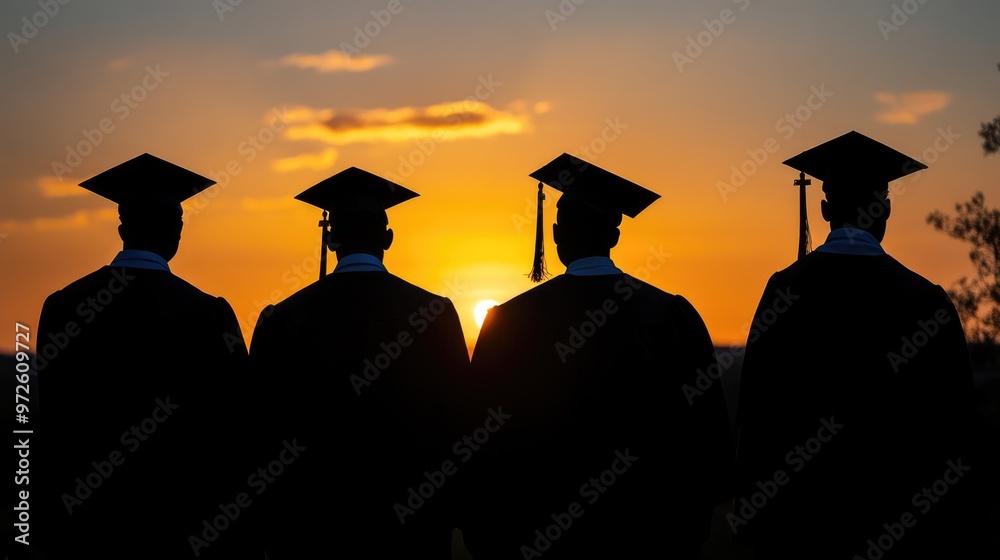 Four shadowed figures in graduation caps and gowns, their silhouettes ...