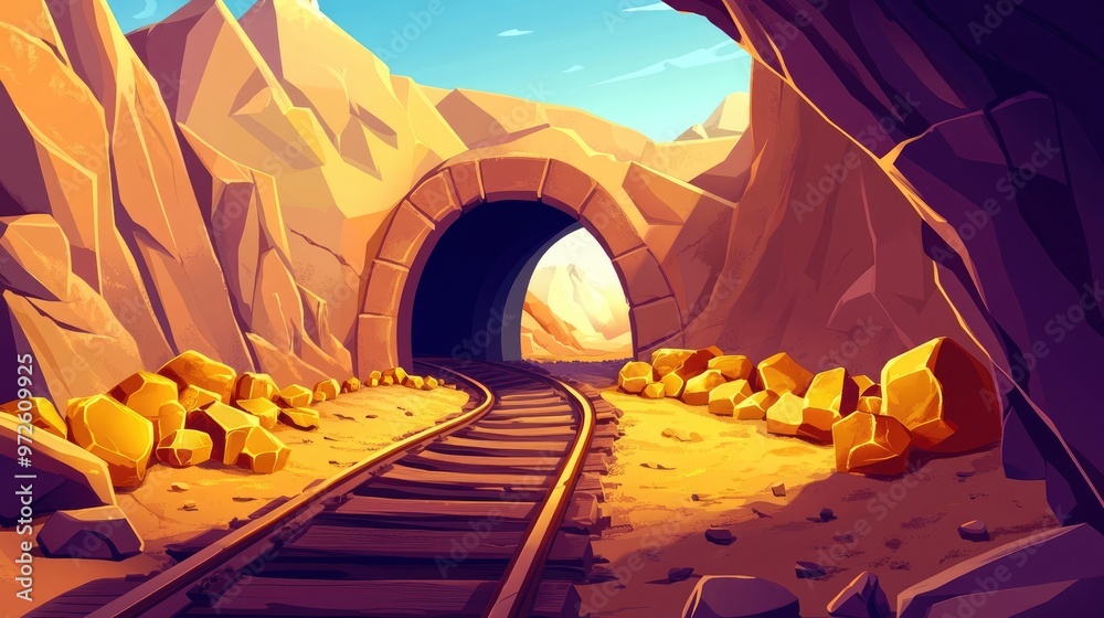 Cartoon Gold Mine Tunnel with Golden Rocks and Train Tracks, Designed ...
