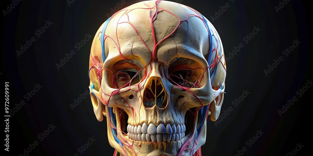 Illuminated 3D model of the human skull showing detailed anatomy of ...