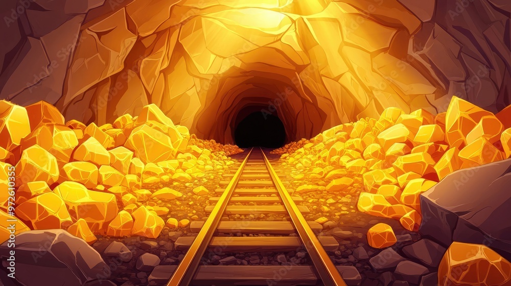 Cartoon Gold Mine Tunnel with Golden Rocks and Train Tracks, Designed ...