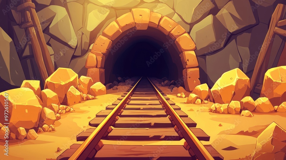 Cartoon Gold Mine Tunnel with Golden Rocks and Train Tracks, Designed ...