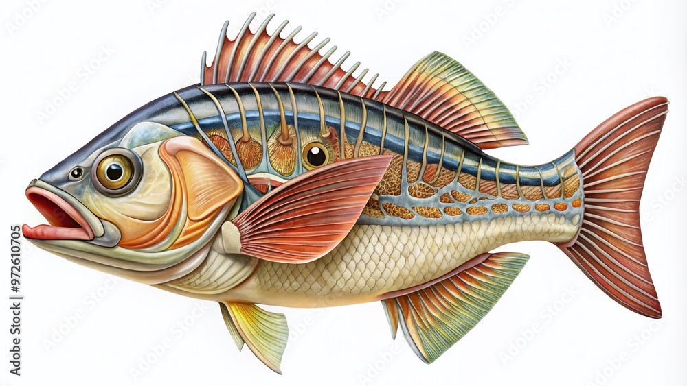 Illustrated diagram of a fish with detailed anatomy labels, showcasing ...