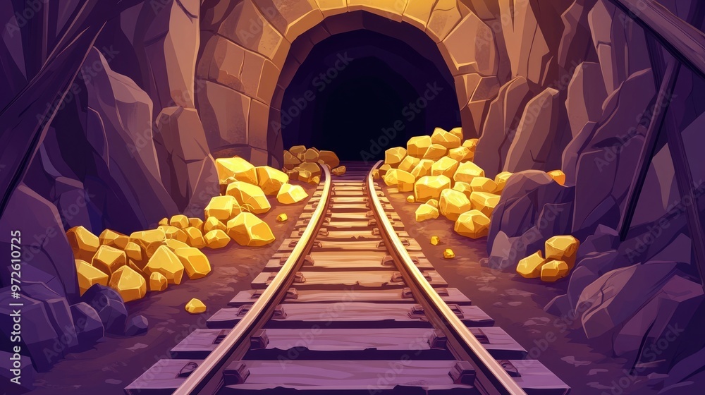 Cartoon Gold Mine Tunnel with Golden Rocks and Train Tracks, Designed ...