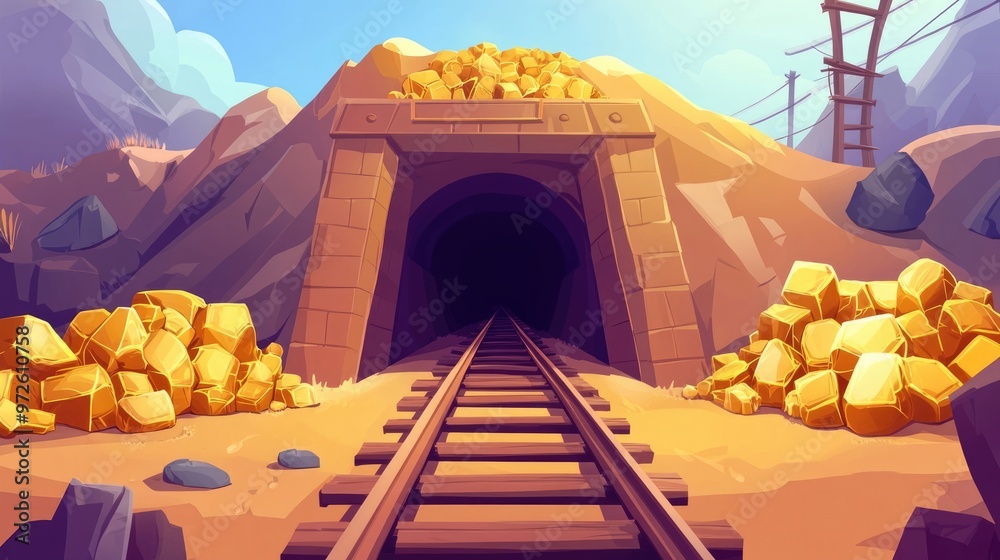 Cartoon Gold Mine Tunnel with Golden Rocks and Train Tracks, Designed ...