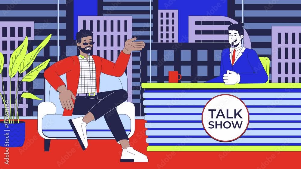 Talk show on TV cartoon animation. Host guest. Late-night television ...