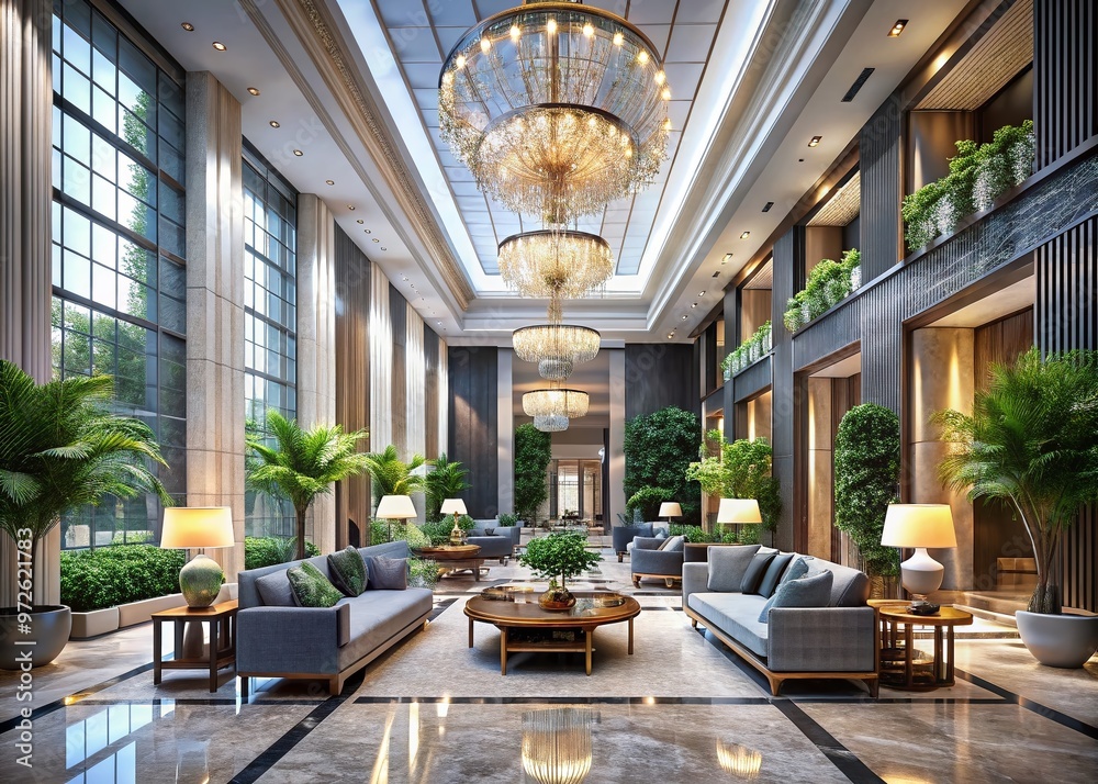 Luxurious modern hotel lobby with sleek lines, marble floors, and ...