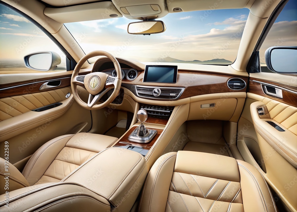 Luxurious sedan with beige leather interior, sleek dashboard, and ...