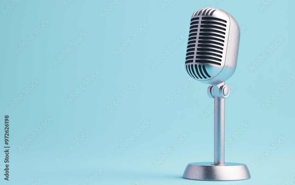 Retro-style silver microphone on a sleek stand, minimalist design ...