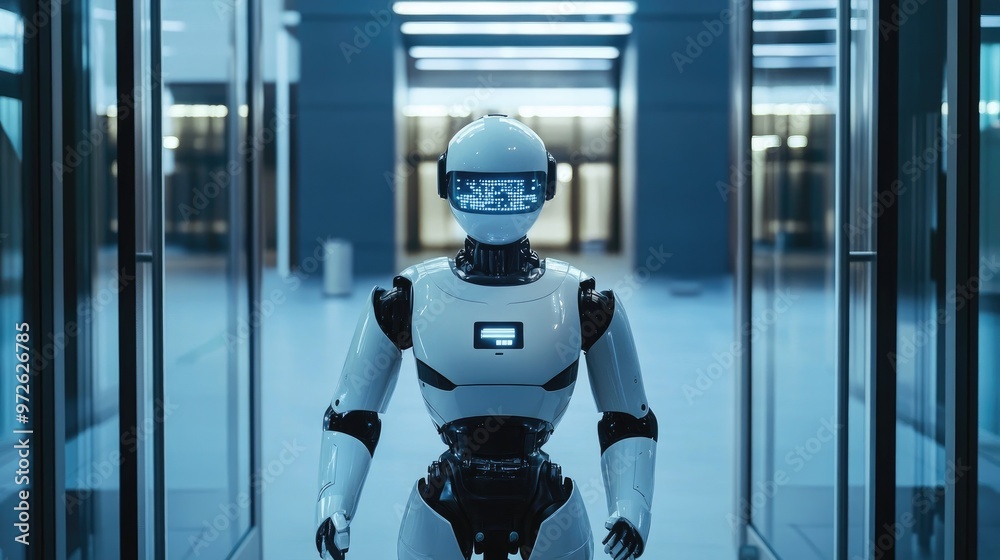 A robot security guard scanning the entrance to a high-tech facility ...