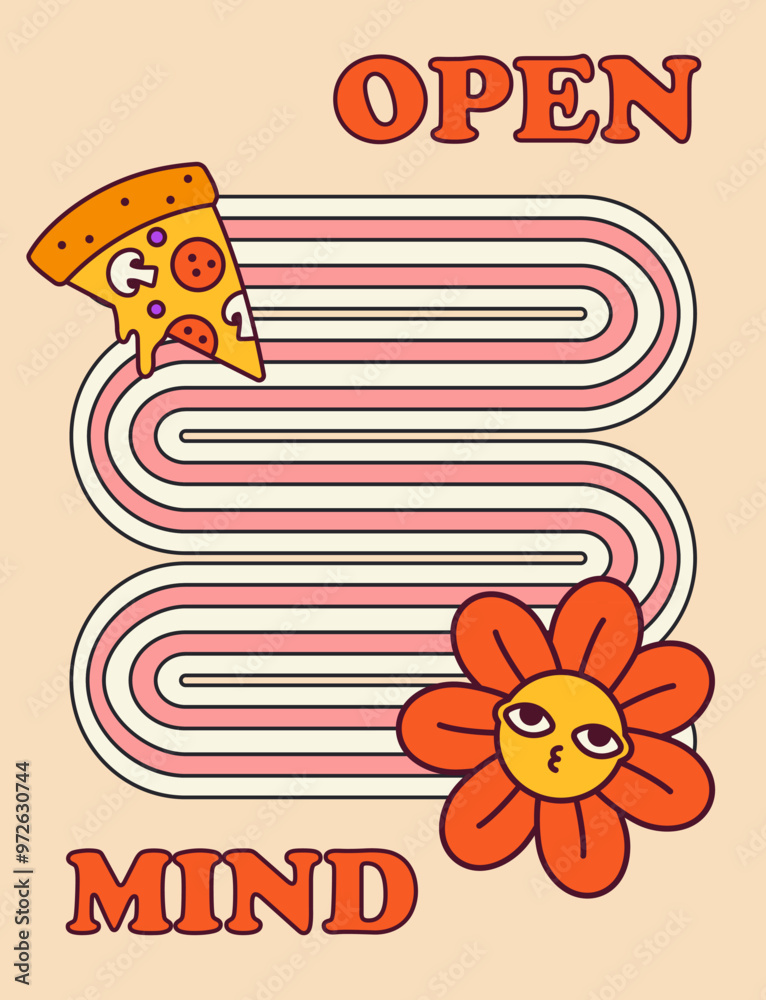 Retro poster open mind. Slice of pizza and red flower. Funky and trendy ...
