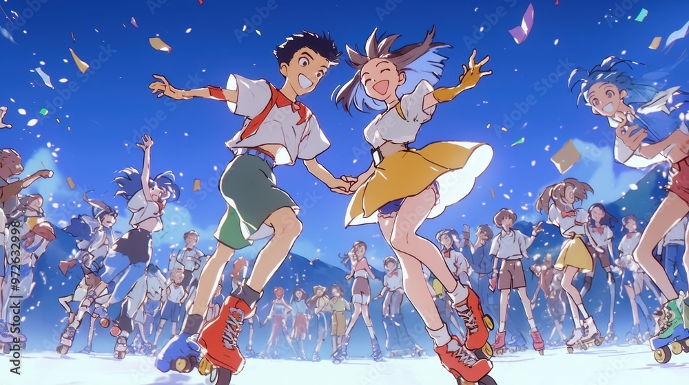 Neon Roller Rink Vibes, Animated teens enjoying roller skating, vibrant ...