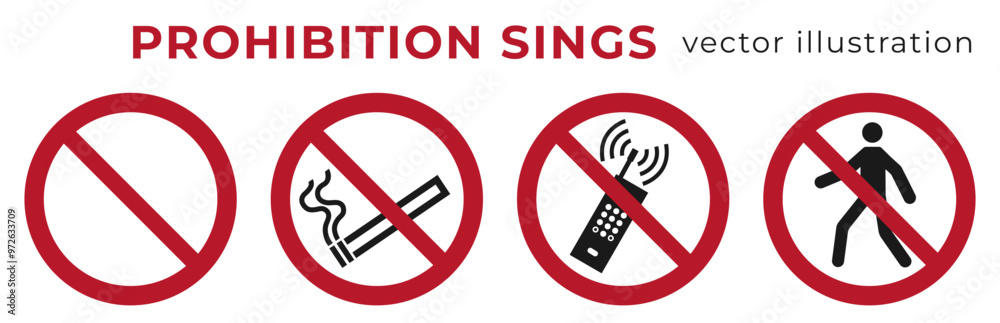 Official vector drawings of the ISO 7010 prohibiting signs. Red round ...