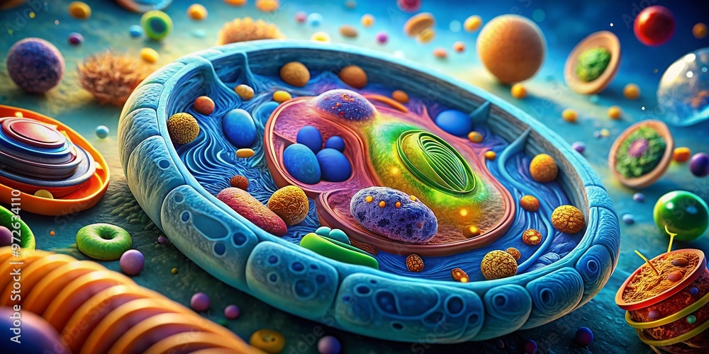 Poster Microscopic image of an animal cell with labeled structures ...