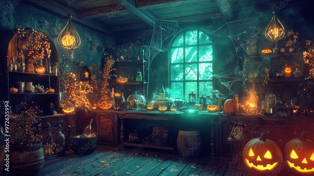 Create a Halloween witch's potion room filled with eerie decor items ...