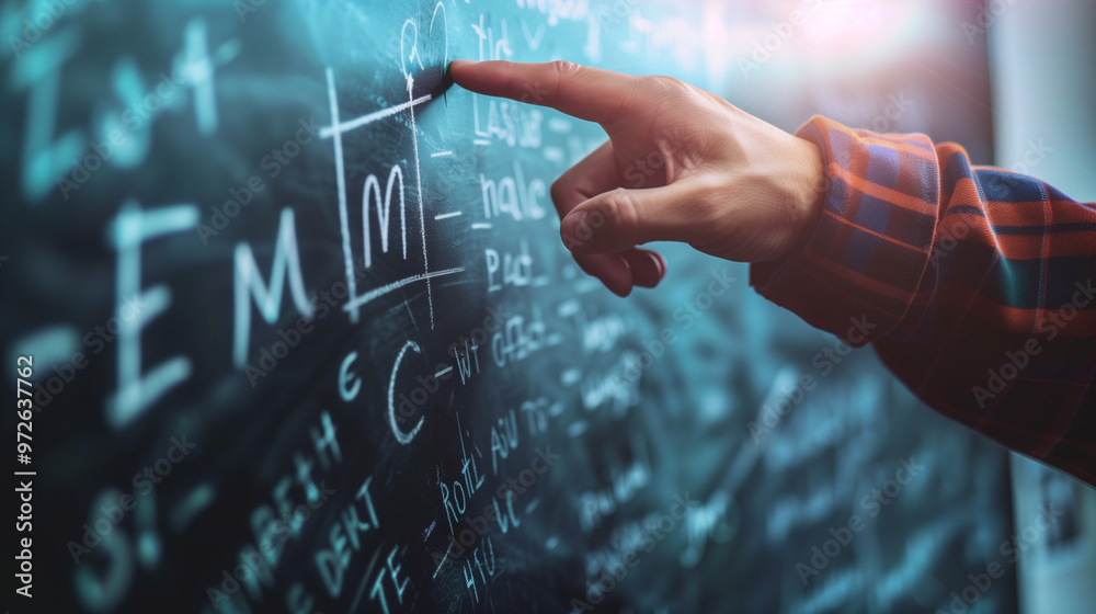 Teacher points to a complex mathematical equation on a chalkboard ...