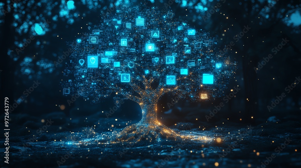 Abstract digital tree with glowing icons, representing growth and ...