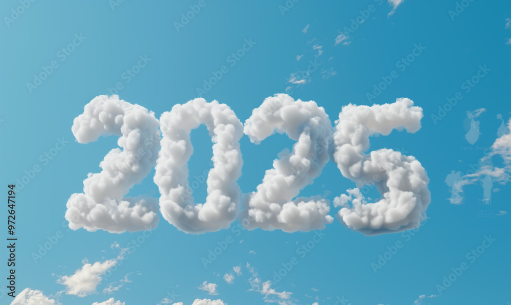 Cloud formation shaped as "2025" in a clear blue sky, symbolizing new ...