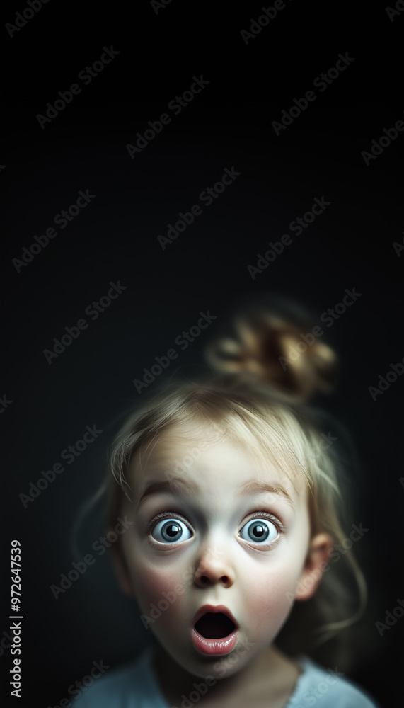 A young child with wide eyes and an open mouth, expressing complete ...