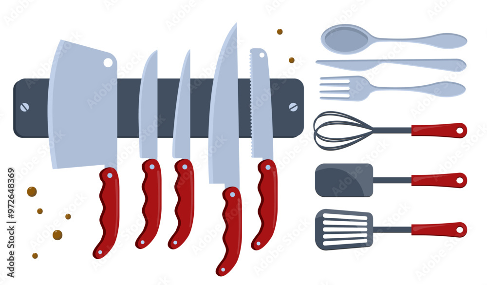 Set of cooking tools. Pack of knives, mixers and spatulas. Kitchen ...