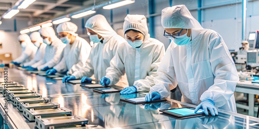 Clean Room Technology: Assembly Line Workers in Protective Gear ...