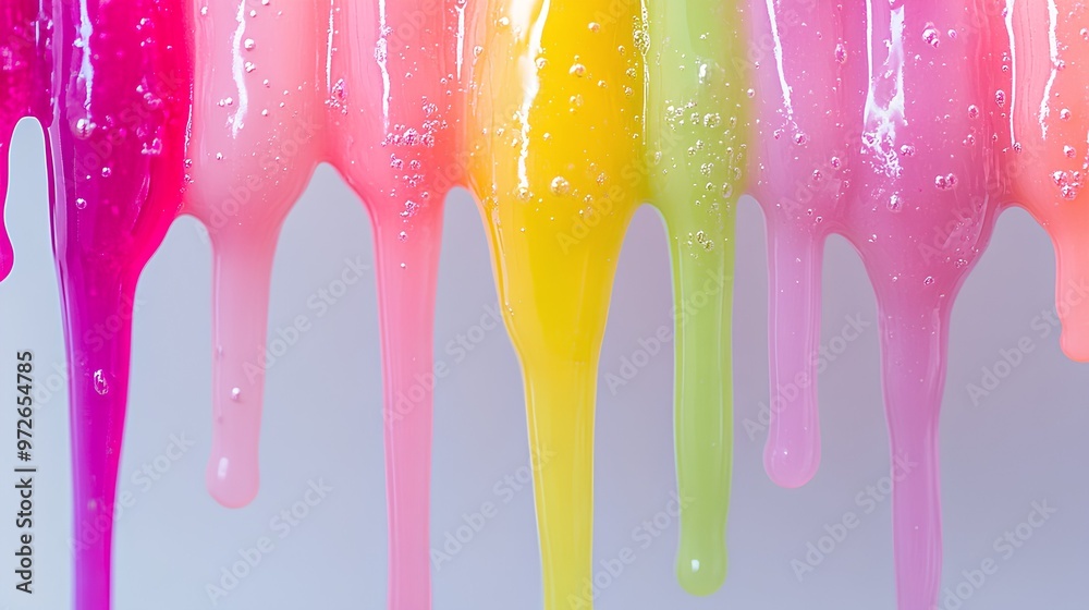 a series of colorful paint drips running down a surface. The colors are ...
