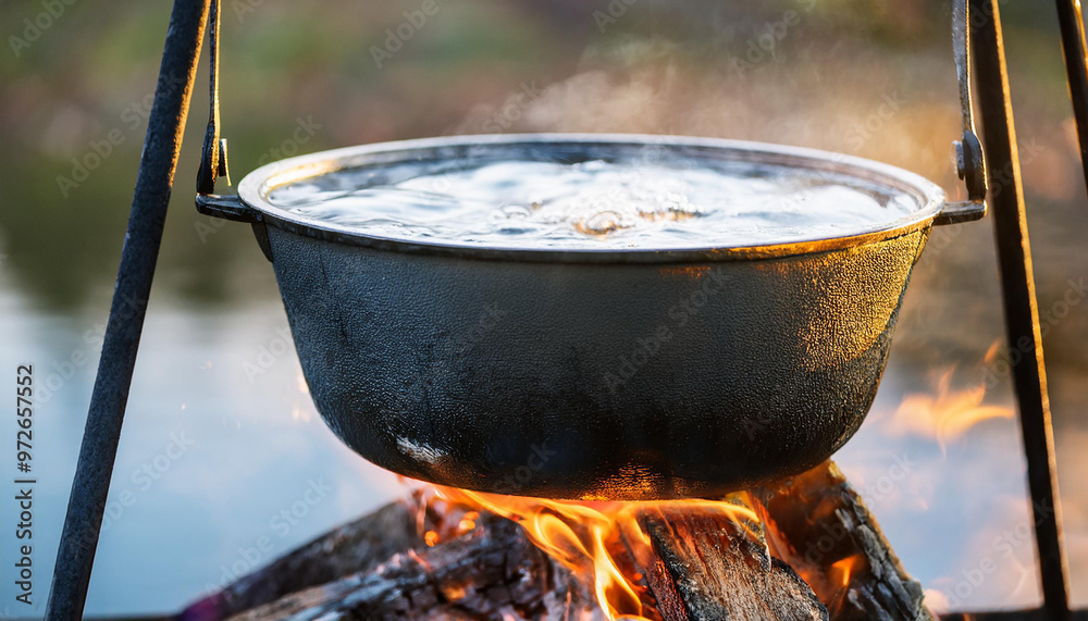 Metal cauldron of boiling water bubbling over an open fire for food ...
