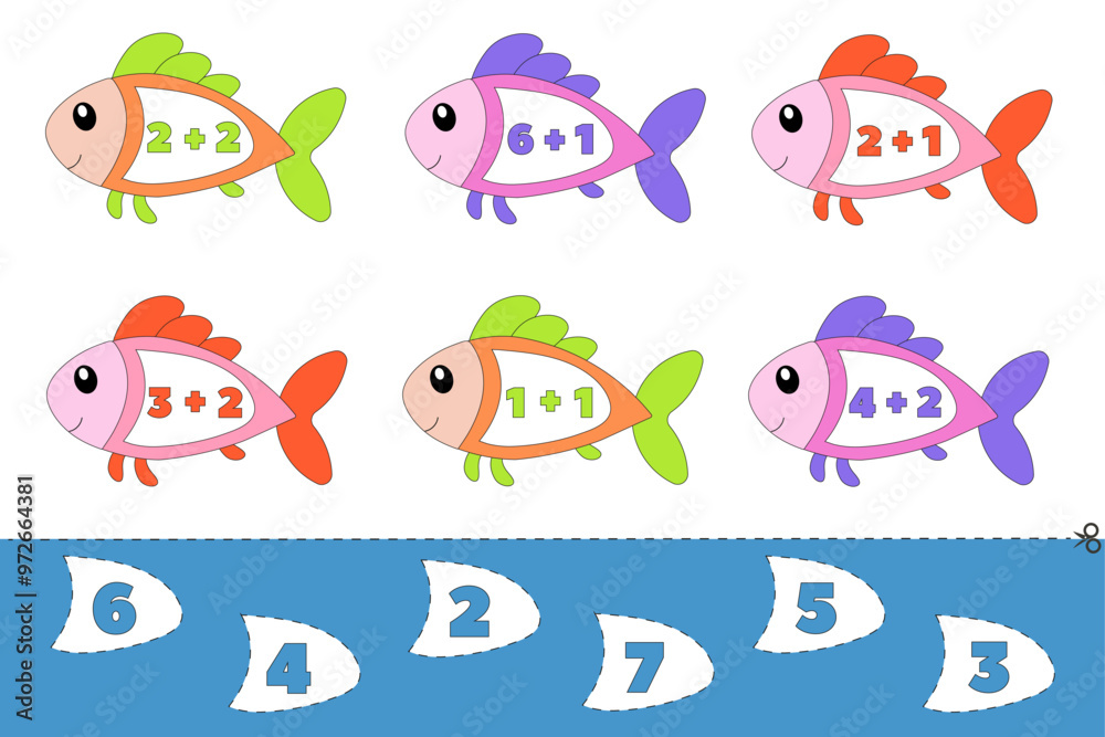 Math game for children. Cut and paste. Count the number of fish ...
