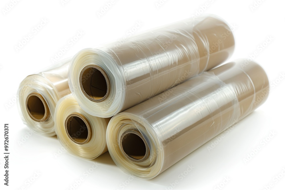 Transparent stretch wrap film rolls stacked on a white background for ...