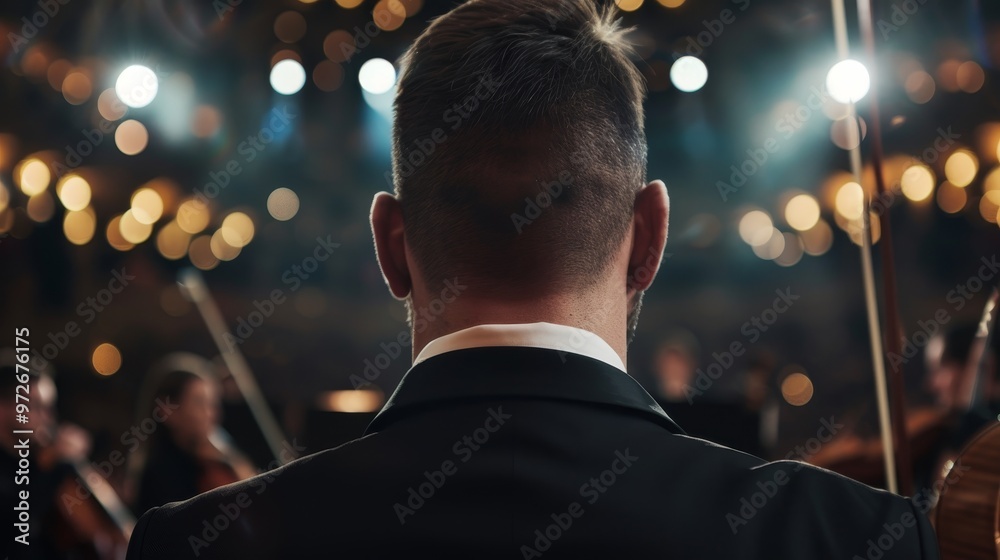 A conductor stands in front of an orchestra, facing the audience ...