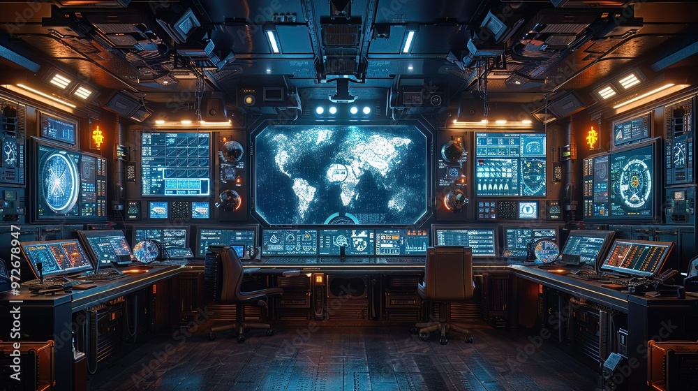 Illustrate a high tech Coast Guard command center, monitoring global ...