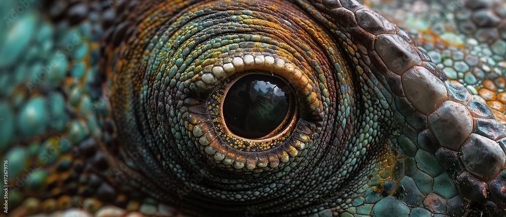 Macro image of a chameleons eye, highlighting the panoramic vision and ...