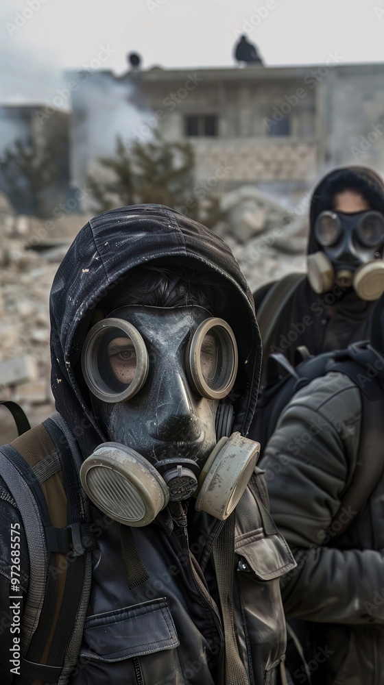 Journalists wearing gas masks report from a recently liberated town ...