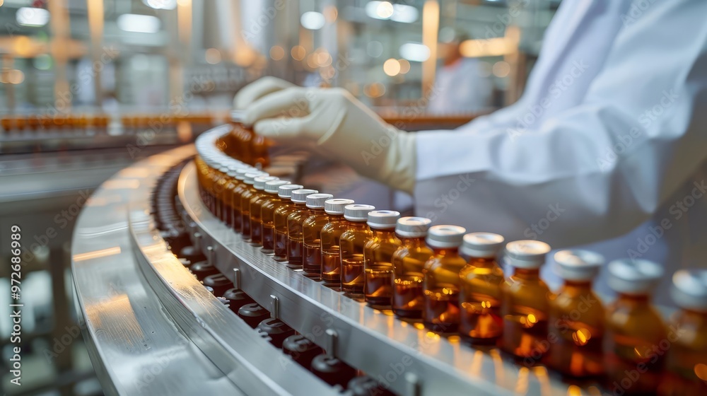 Pharmacist scientist examining medical vials on a production line in a ...