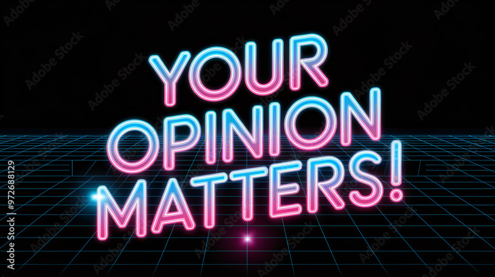 Neon "Your Opinion Matters" banner with glowing pink and blue lettering ...