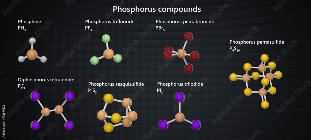 Various Phosphorus (P) compounds: phosphine, trifluoride, pentabromide ...