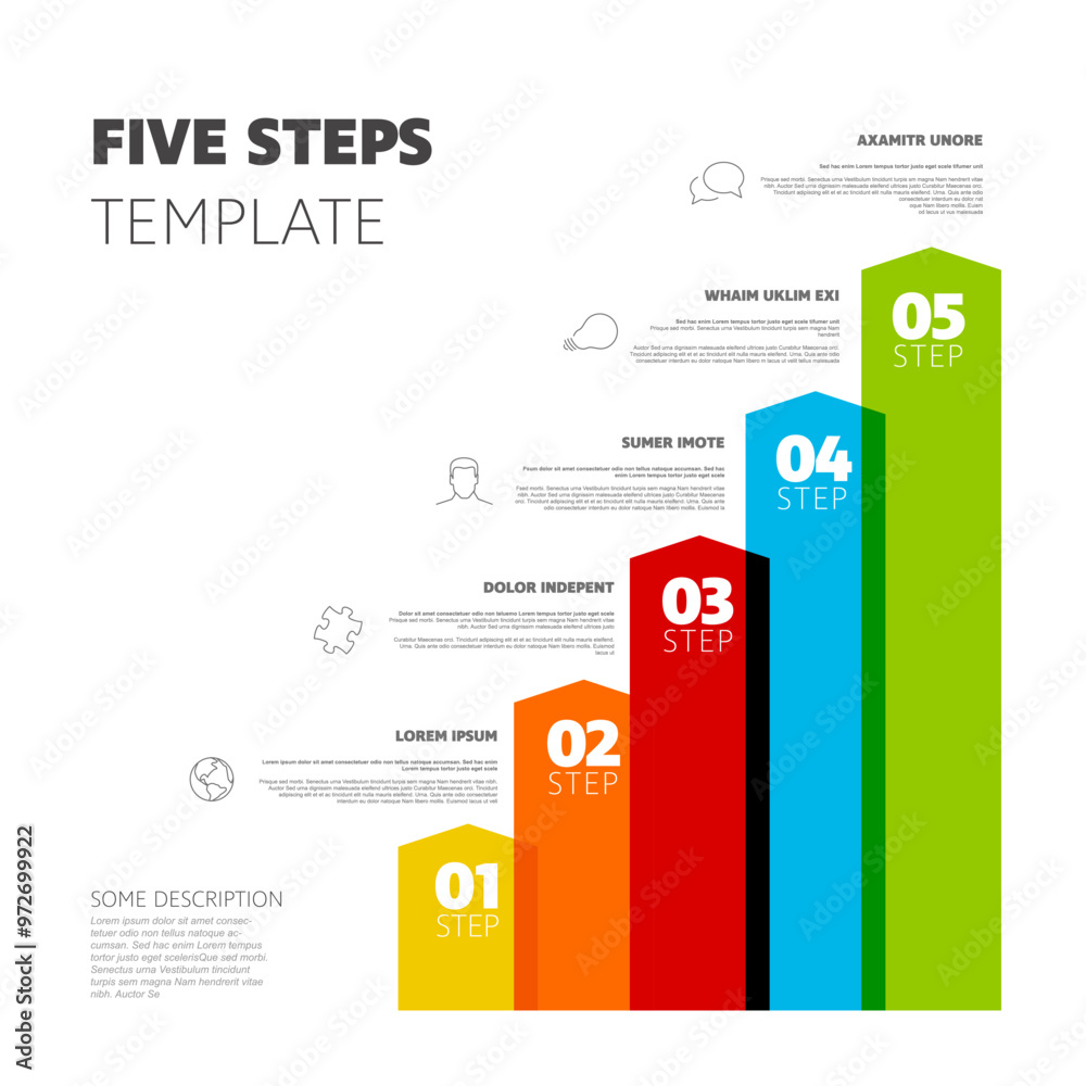 Five vertical steps progress procedure infochart template with ...
