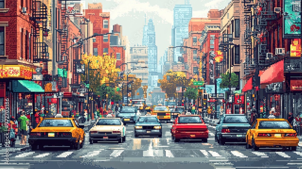 A bustling pixel art city street scene, with pixelated cars driving on ...