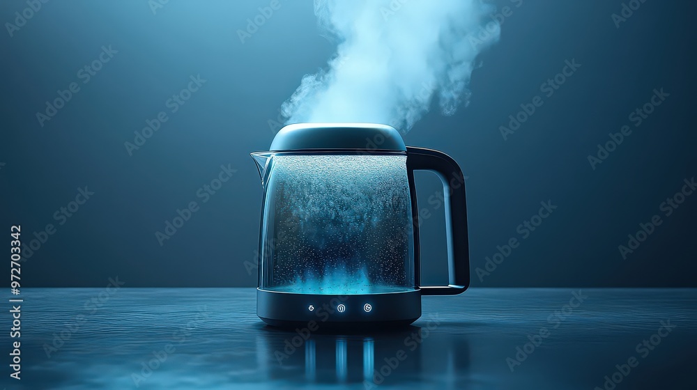 Modern glass electric kettle boiling water with a blue glow, creating a ...