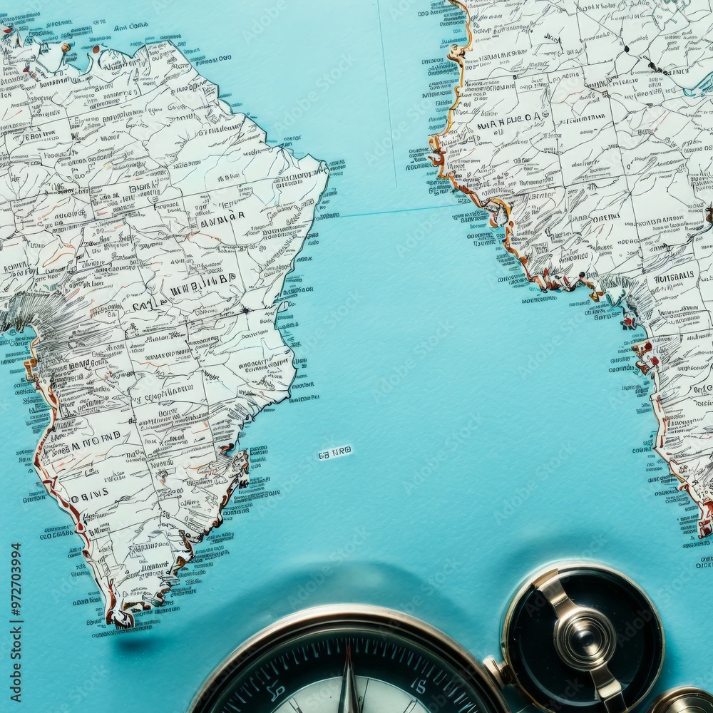 Detailed map of South America and Africa with a compass in the bottom ...