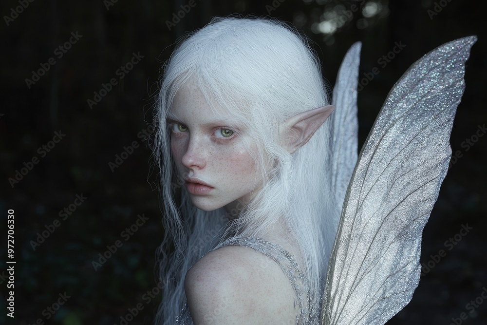 Fairy with wings in a magical forest. Digitally enhanced art created ...