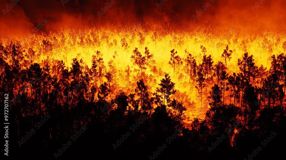 High-contrast heatmap of a sprawling forest, with warmer tones ...
