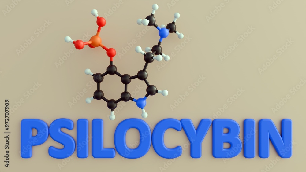 3D rendering of the word "PSILOCYBIN" and with the molecular structure ...