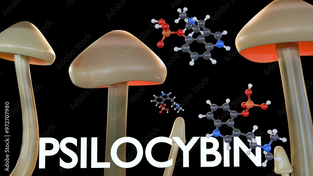3d rendering of mushrooms with a chemical structure labeled "PSILOCYBIN ...